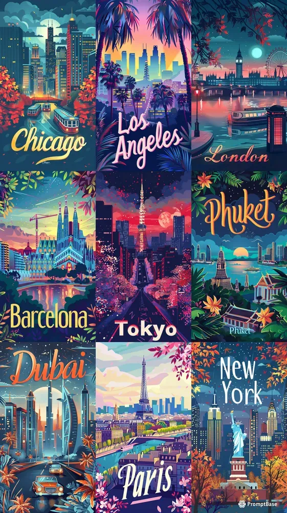 Travel City Posters In Vector Style Midjourney Prompt | PromptBase