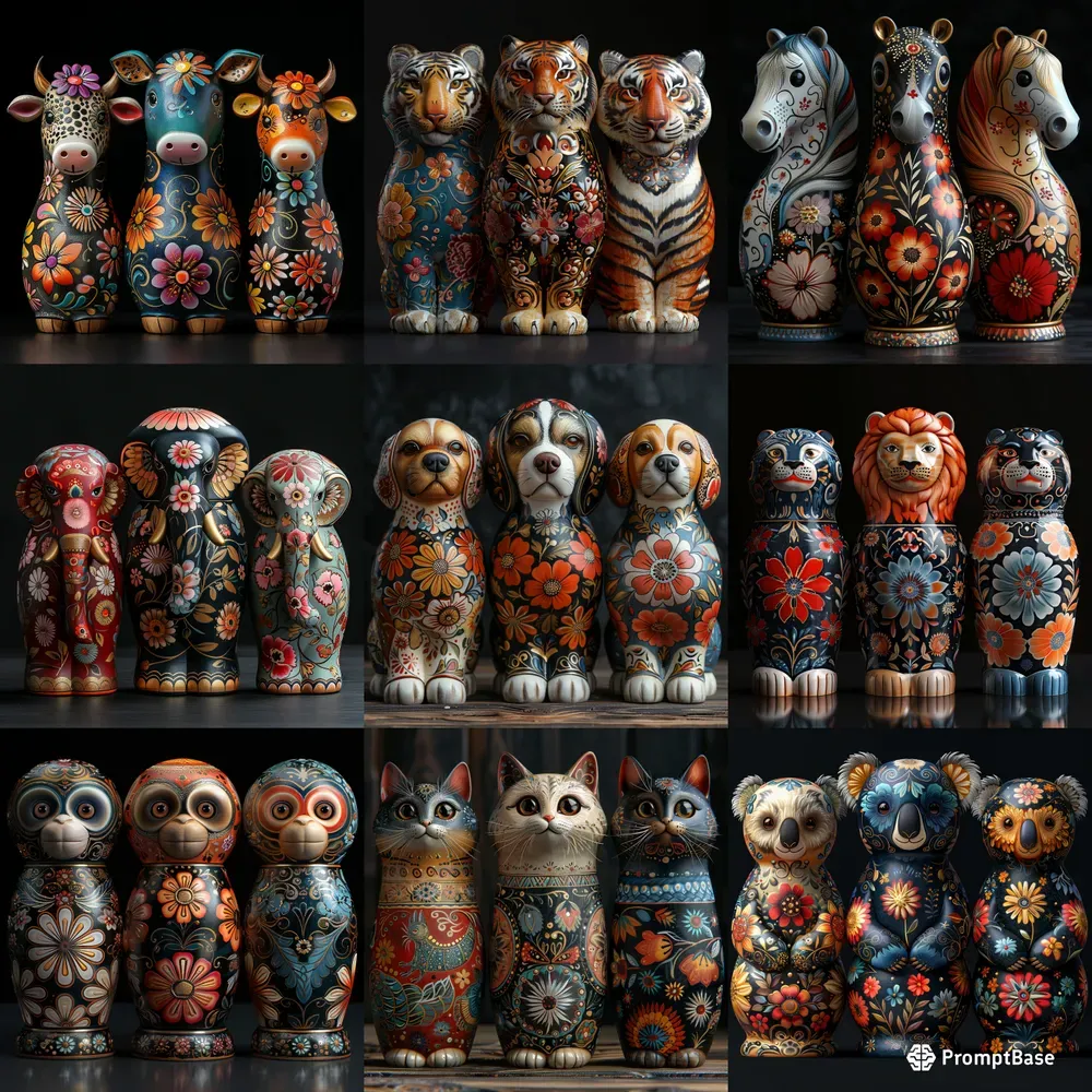 Folk Art Matryoshka Doll Animals Designs Midjourney Prompt | PromptBase