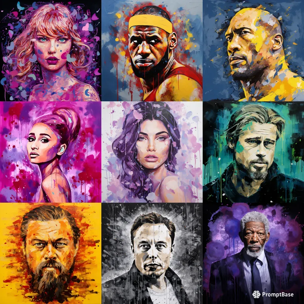 Celebrity Splatter Paintings Midjourney Prompt | PromptBase