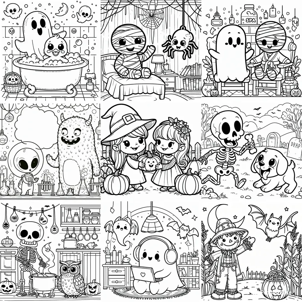 Cozy Spooky Cute Coloring Pages For Kids DALL·E Prompt | PromptBase