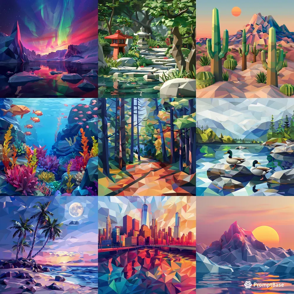 Low Poly 2D Art Creations Midjourney Prompt | PromptBase