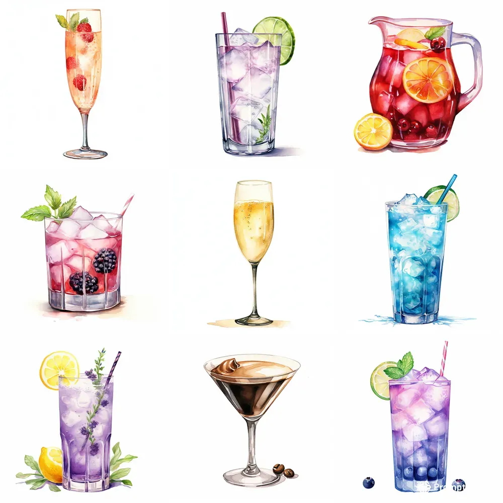 Bar Menu Clipart Watercolor Cocktails Midjourney Prompt | PromptBase