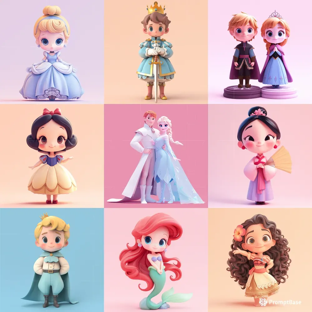 Adorable 3D Disney Princesses And Princes Midjourney Prompt | PromptBase