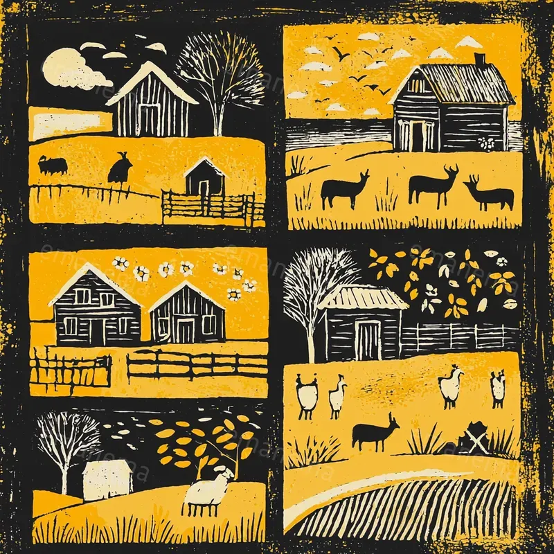 Linocut Print Farm Lives Midjourney Prompt | PromptBase