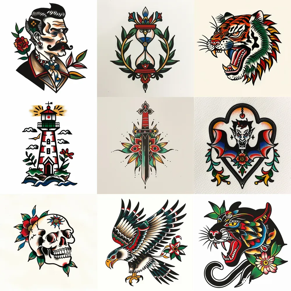 American Traditional Flash Tattoos Midjourney Prompt | PromptBase