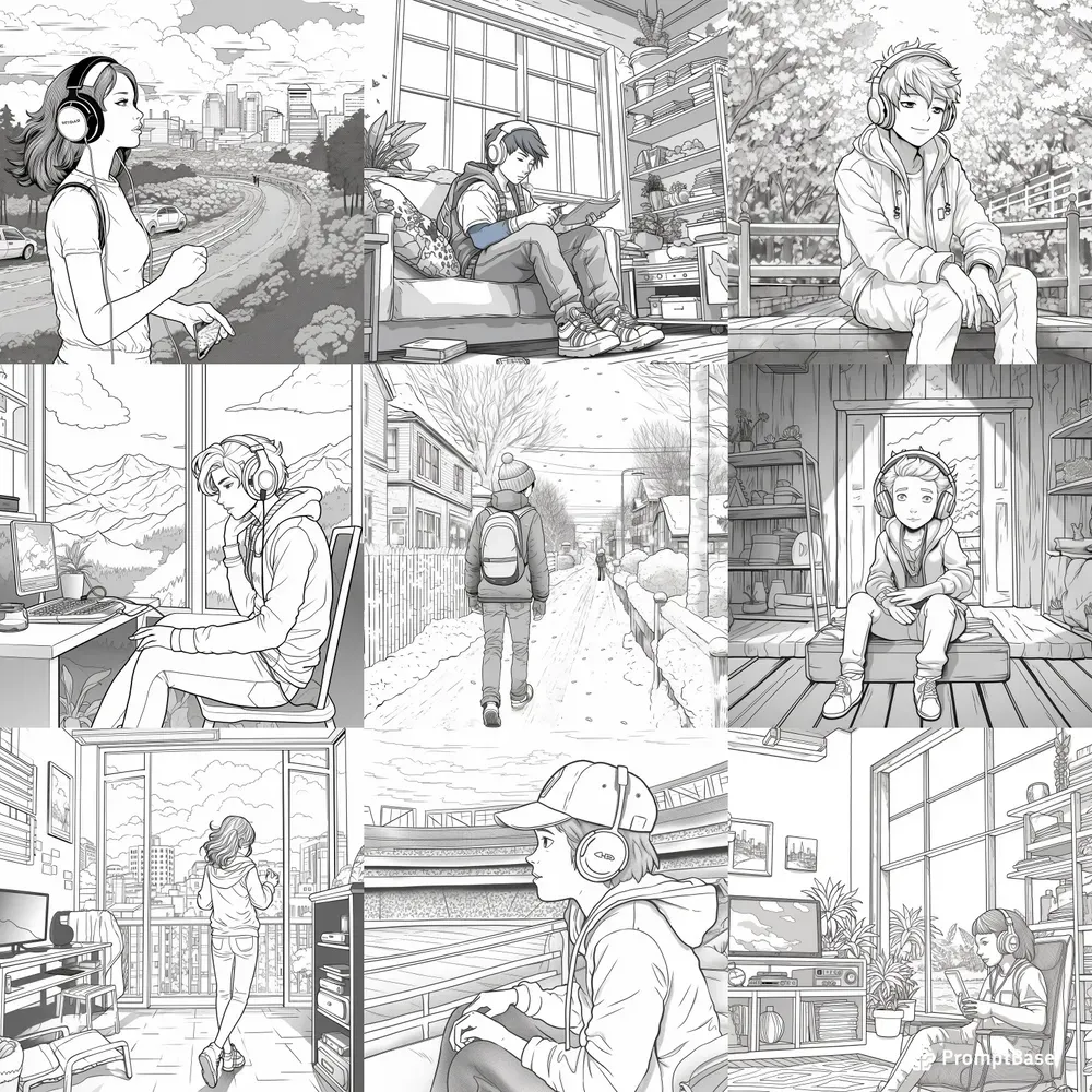 Lofi Music Animated Teen Coloring Pages Midjourney Prompt | PromptBase