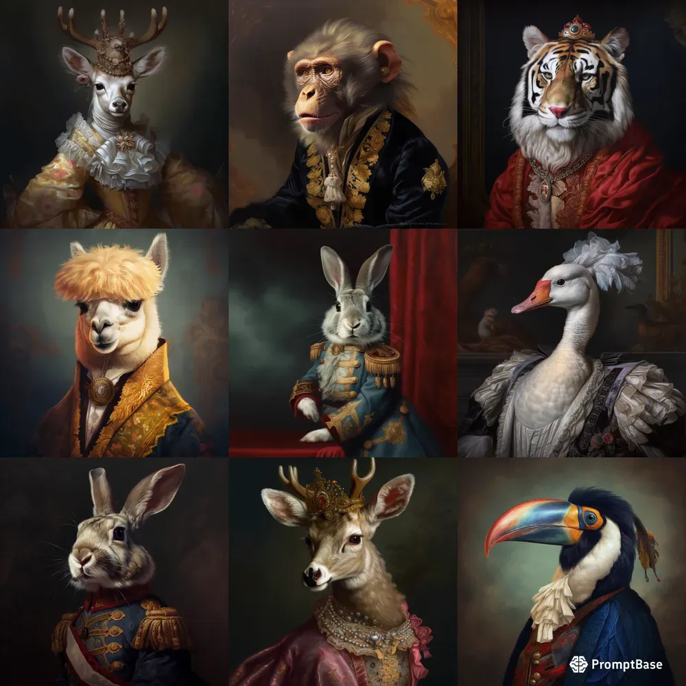 Animal Portraits In Rococo Style Clothes Midjourney Prompt | PromptBase