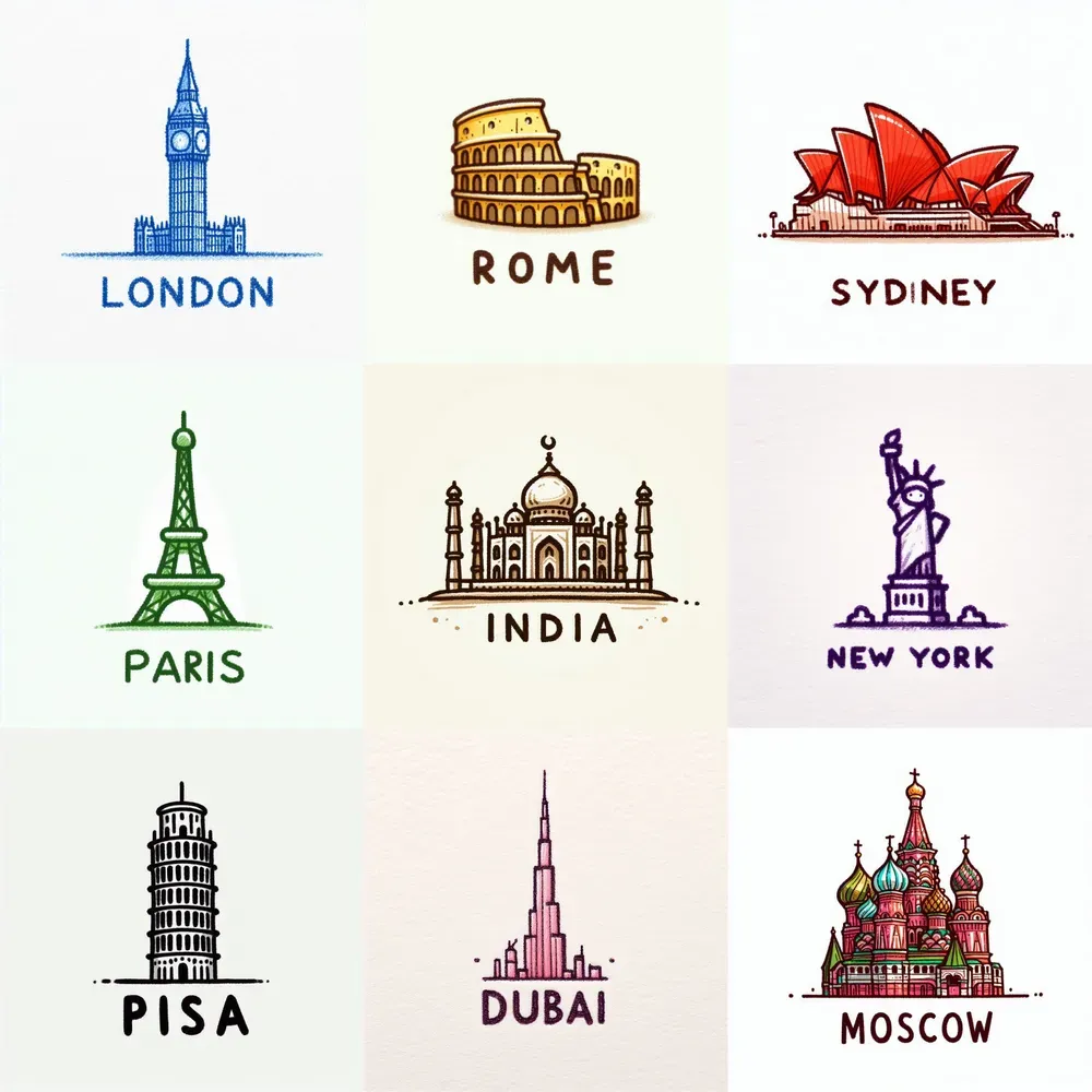 Kids Draw City Landmarks Logos DALL·E Prompt | PromptBase