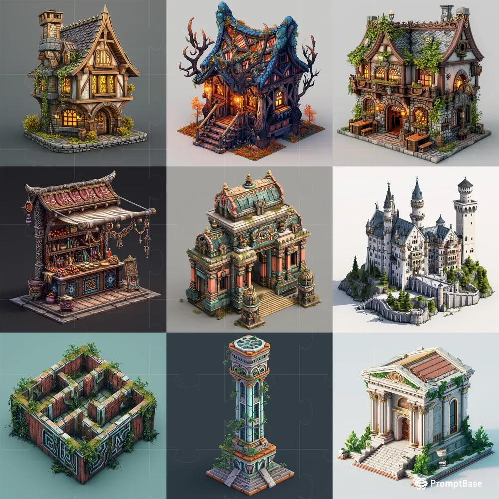 Isometric Fantasy Buildings Midjourney Prompt | PromptBase