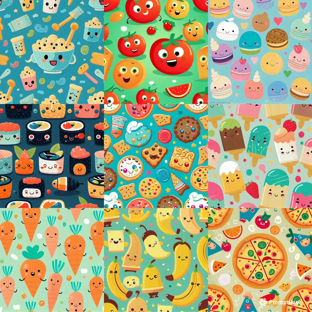 Cute Kawaii Foods Seamless Patterns Midjourney Prompt | PromptBase