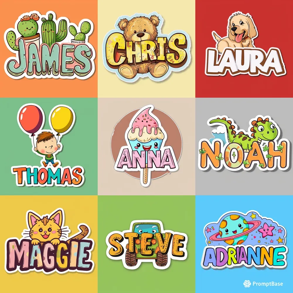 Kids Cartoon Personalised Name Tags Midjourney Prompt | PromptBase