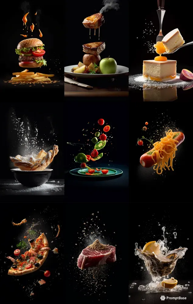 Precision Flying Foods Midjourney Prompt | PromptBase