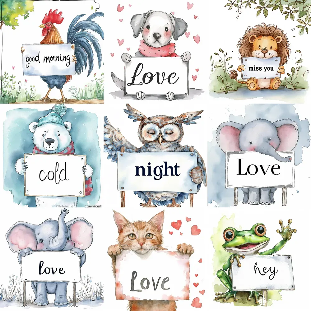 Cute Animals Holding Sign In Watercolour Midjourney Prompt | PromptBase