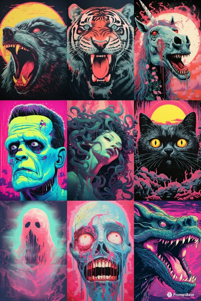 Risograph Surrealism Horror Creatures Midjourney Prompt | PromptBase