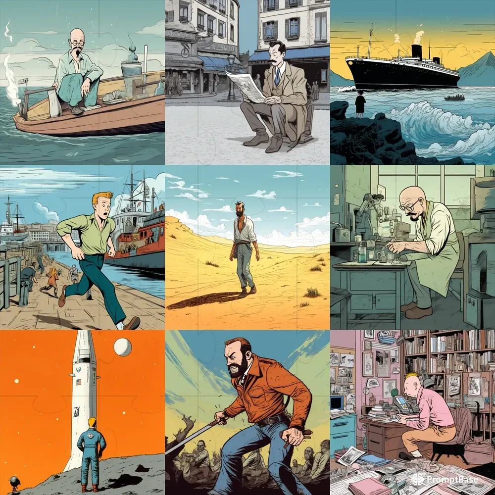 Tintin Comic Strip Illustrations Midjourney Prompt | PromptBase