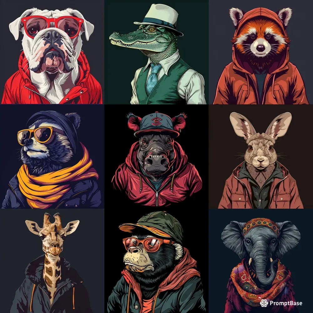 Funky Animal Illustrations With Clothing Midjourney Prompt | PromptBase