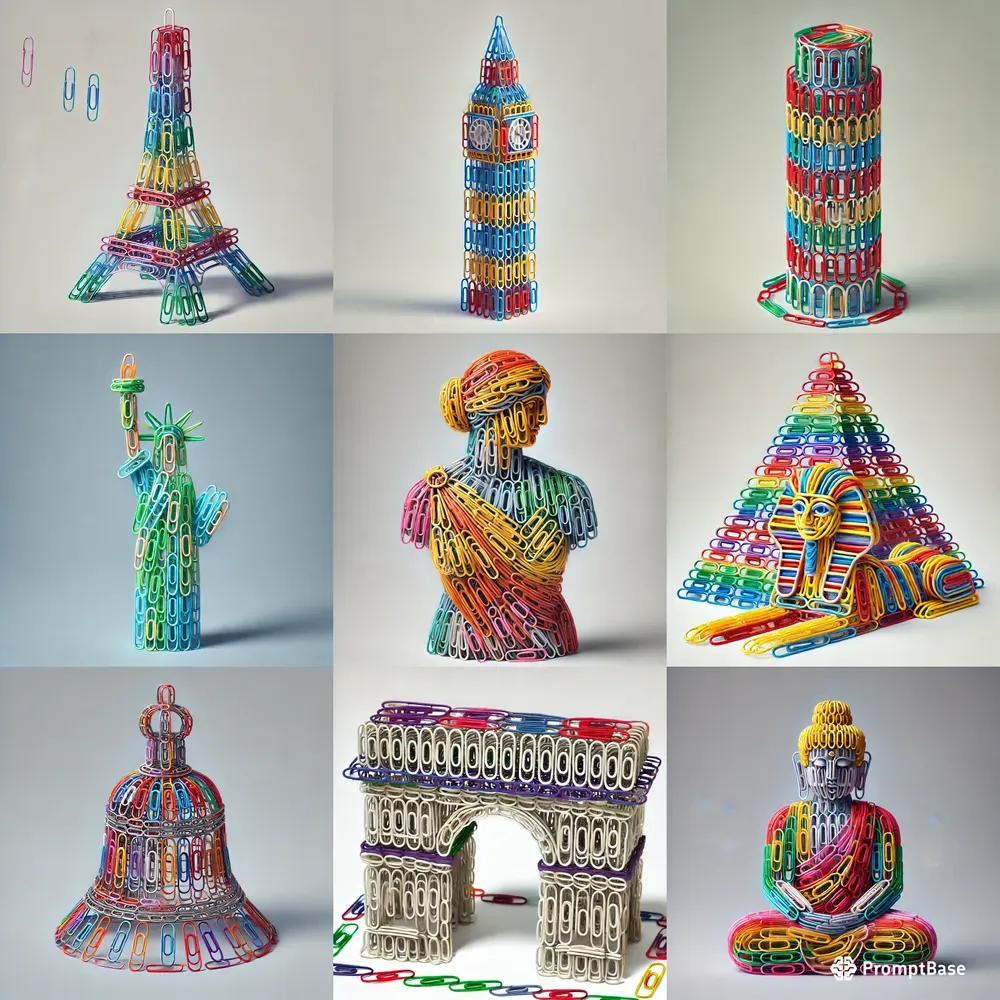 Unusual Art Objects Made Of Paper Clips DALL·E Prompt | PromptBase