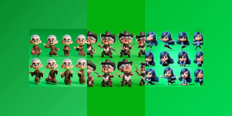 Green Screen 3D Characters Multiple Poses DALL·E Prompt | PromptBase