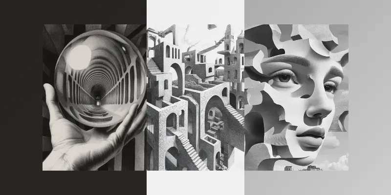 Surrealist Escher Transformations Art Generator App | PromptBase
