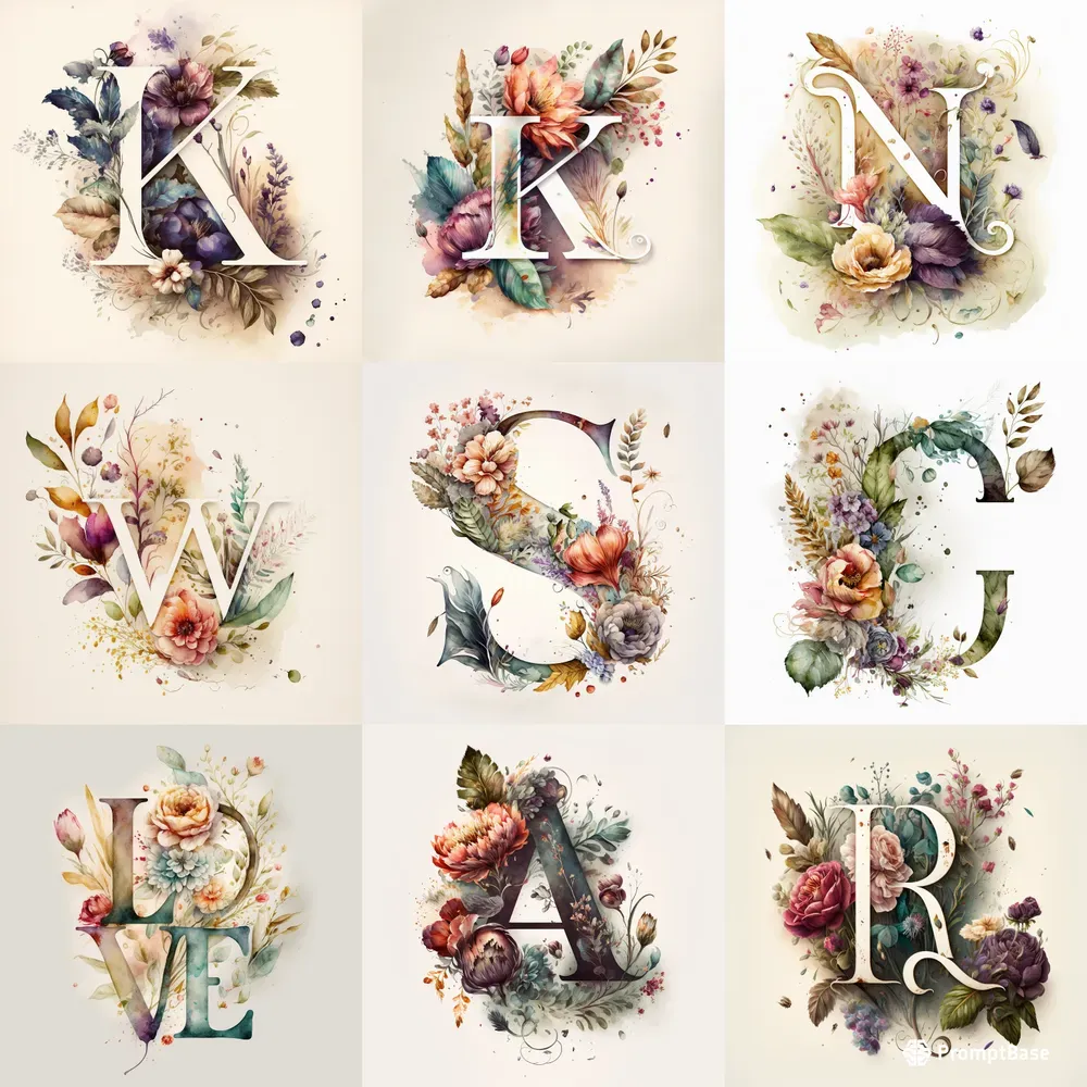 Watercolor Floral Monogram Initials Midjourney Prompt | PromptBase