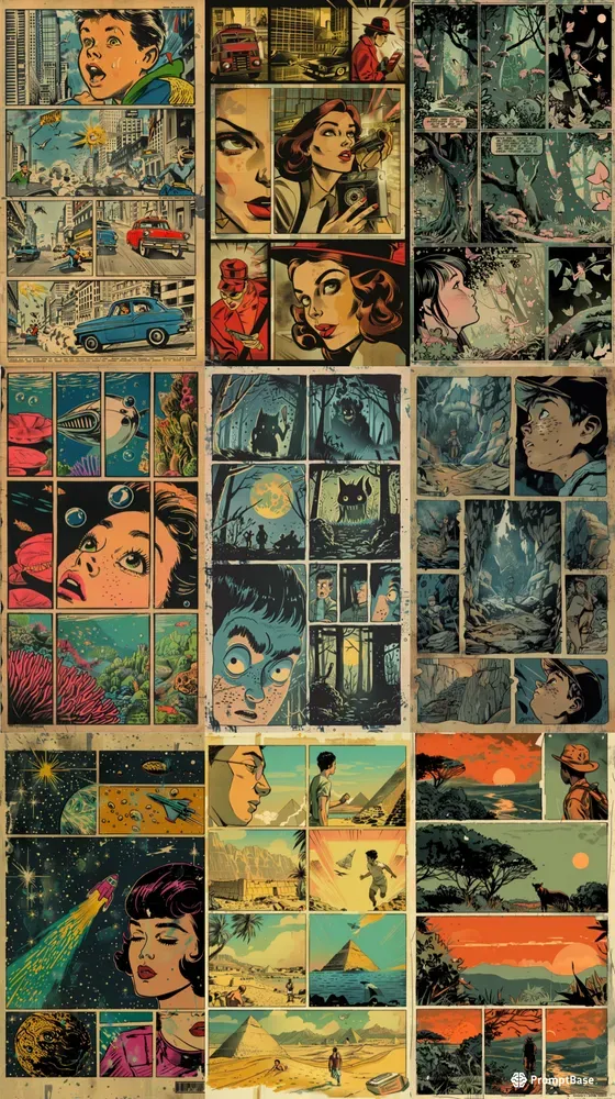 Retro Comic Book Adventure Designs Midjourney Prompt | PromptBase