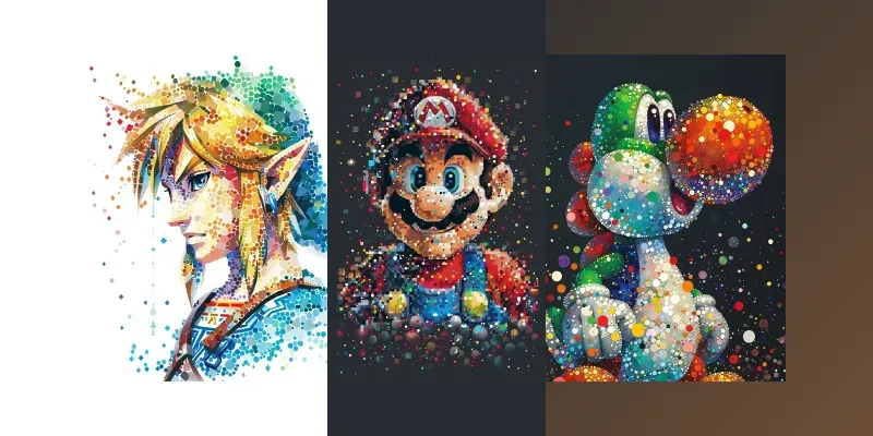 Nintendos Characters In Pointillism Midjourney Prompt | PromptBase