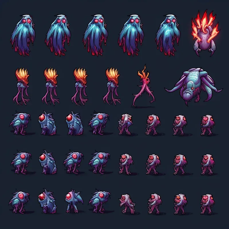 Indie Game Enemy Creature Sprites Midjourney Prompt | PromptBase