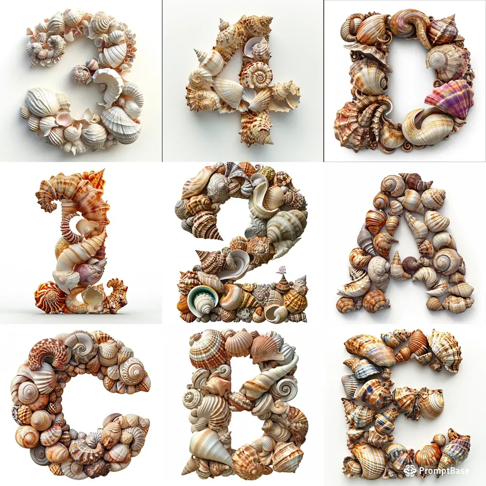 Alphabet Text Shells Letters And Numbers Midjourney Prompt | PromptBase