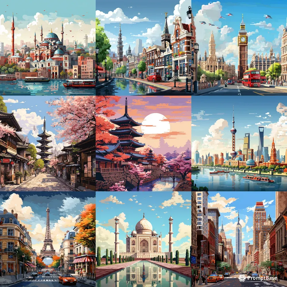 City Poster Pixel Art And Oil Paintings Midjourney Prompt | PromptBase