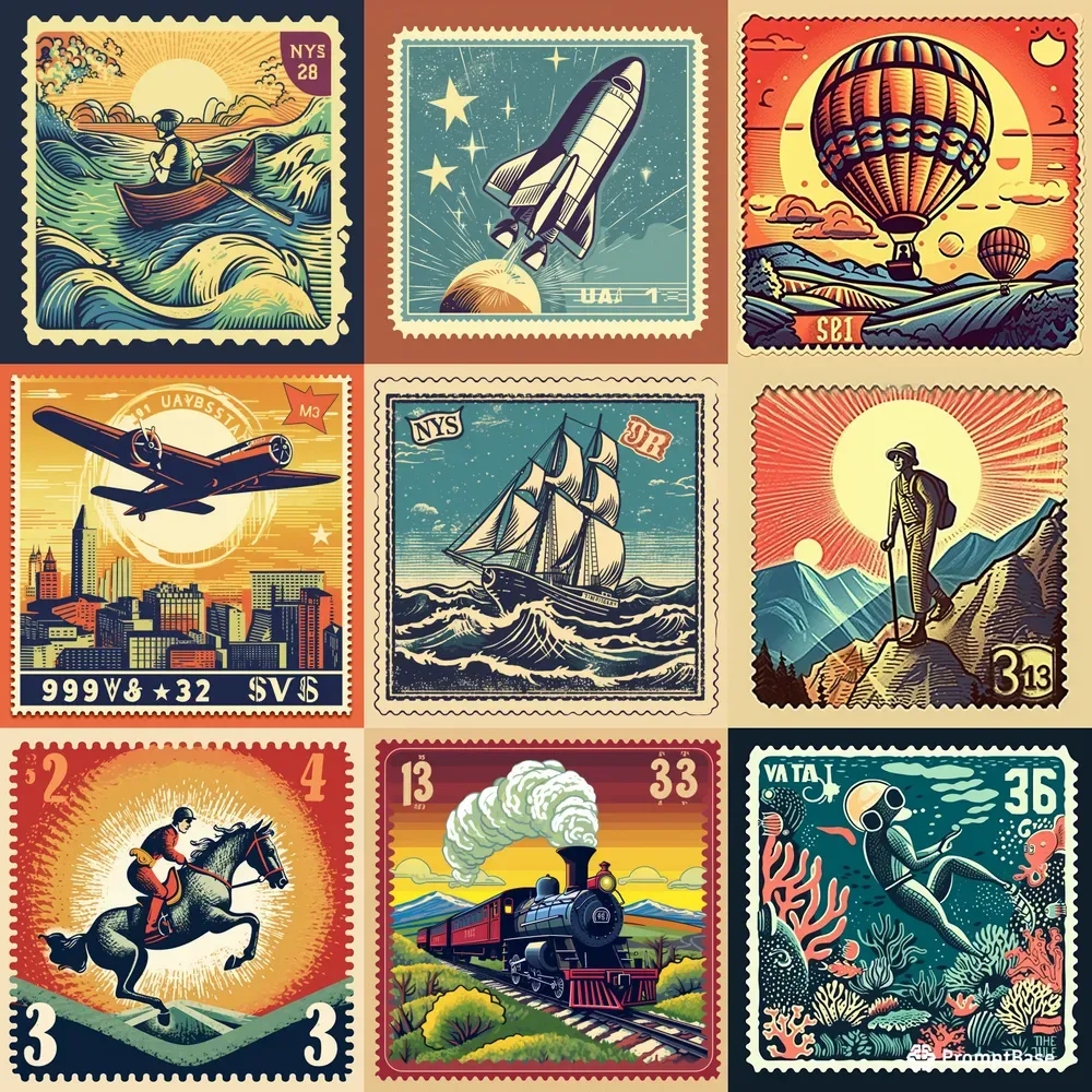Retro Postage Stamp Collections Midjourney Prompt | PromptBase