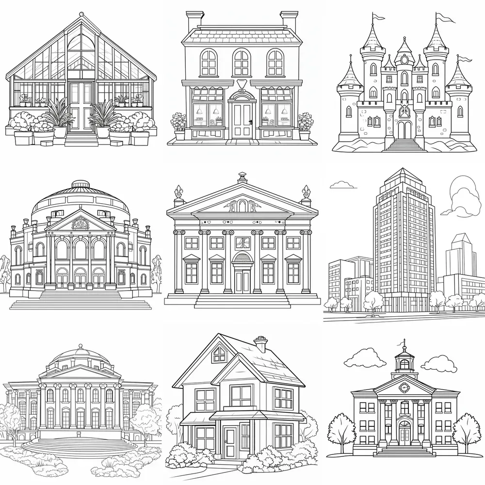 Buildings Coloring Book Pages Midjourney Prompt | PromptBase