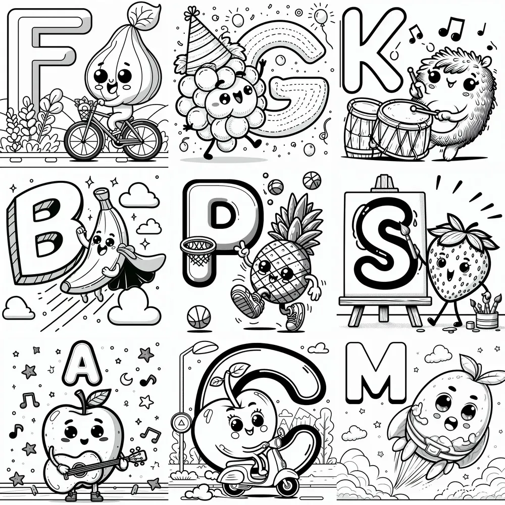 Fruit-themed Coloring Page Fun DALL·E Prompt | PromptBase