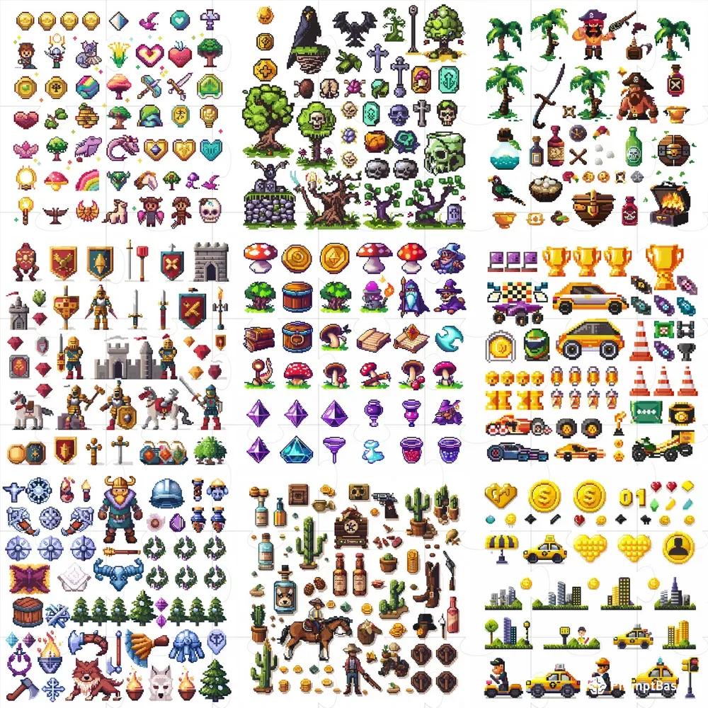 2D Pixel Art Any Game Assets Sheets Midjourney Prompt | PromptBase