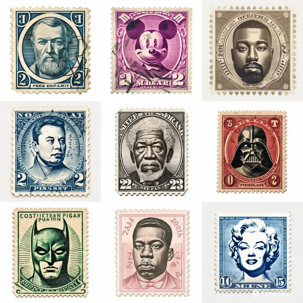 Celebrity Postage Stamps Midjourney Prompt | PromptBase