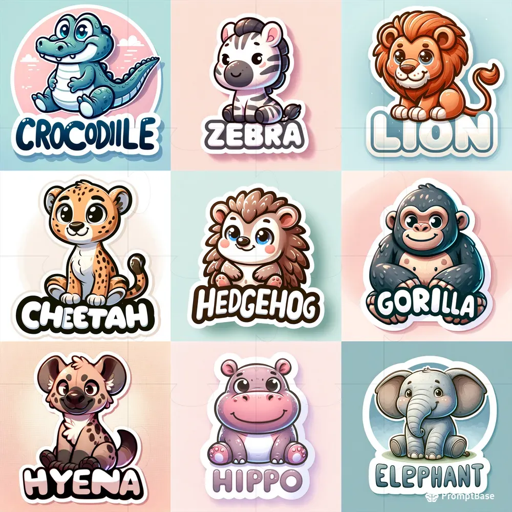 Stickerstyle Cartoon Animals With Text DALL·E Prompt | PromptBase