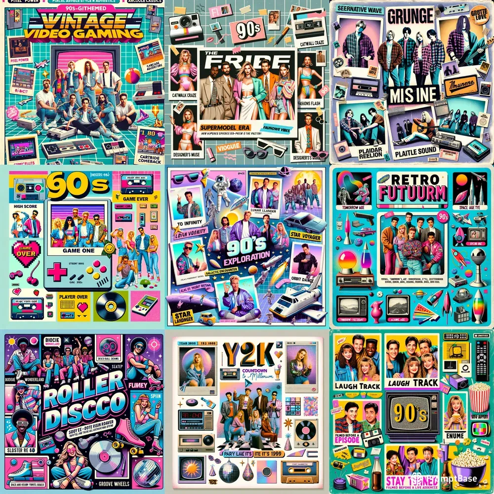 Vibrant 90s Polaroid Collage Art Posters DALL·E Prompt | PromptBase