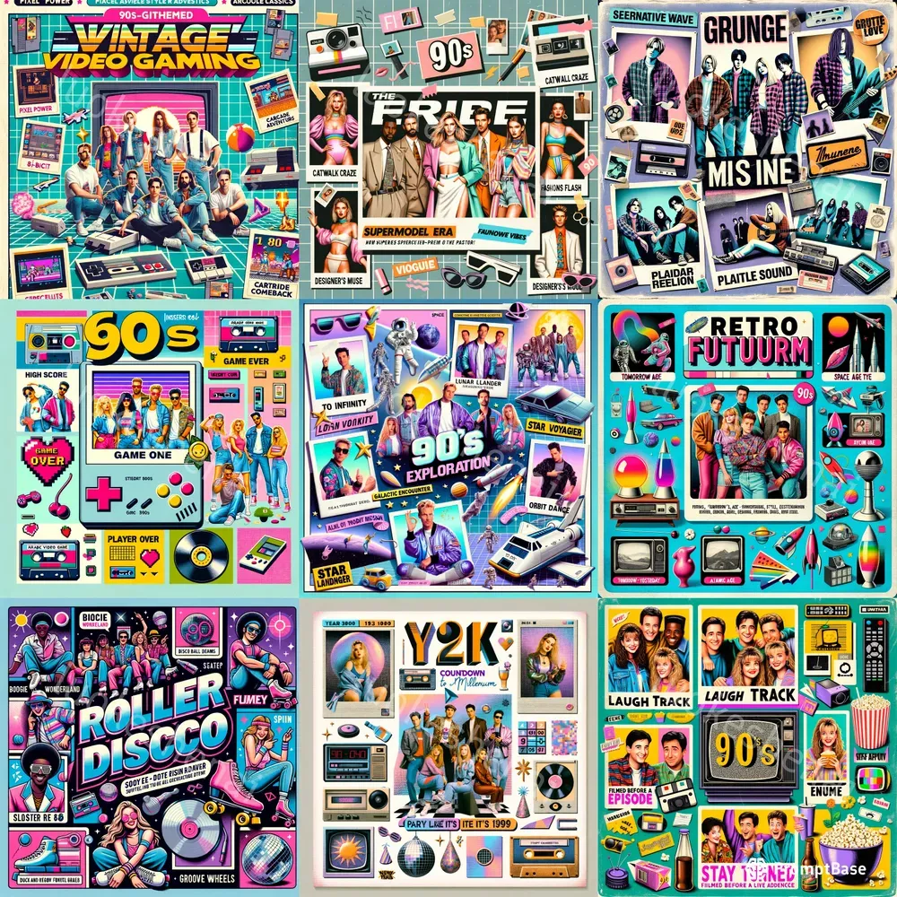 Vibrant 90s Polaroid Collage Art Posters DALL·E Prompt | PromptBase