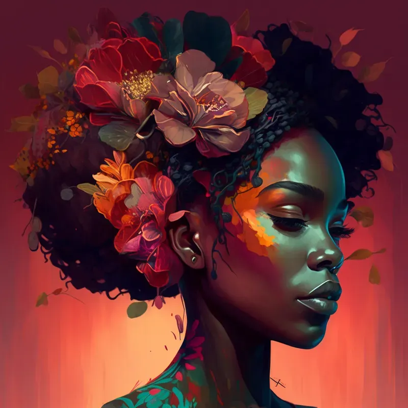 Afrofuturism Floral Portrait Paintings Midjourney Prompt | PromptBase