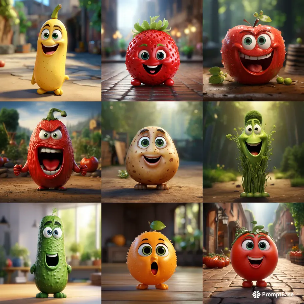 Spicy Toon Pixar Style Fruits And Veggies Midjourney Prompt Promptbase