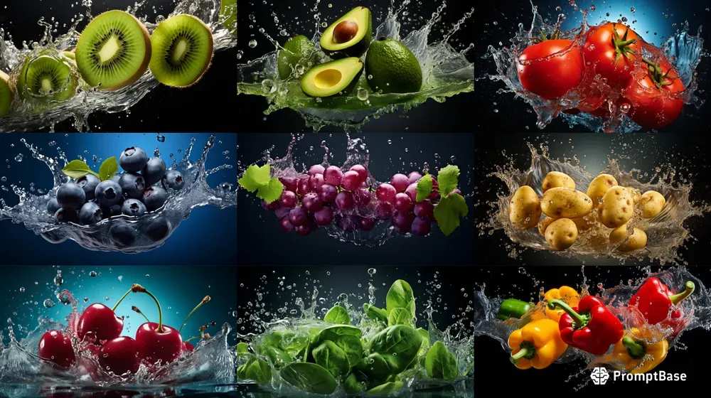 Fresh Splash Fruits And Vegetables Midjourney Prompt | PromptBase