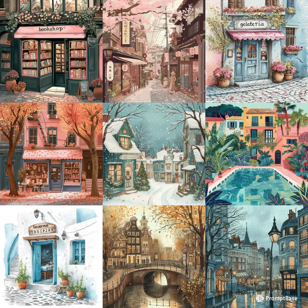Nostalgic City Storybook Illustrations Midjourney Prompt | PromptBase