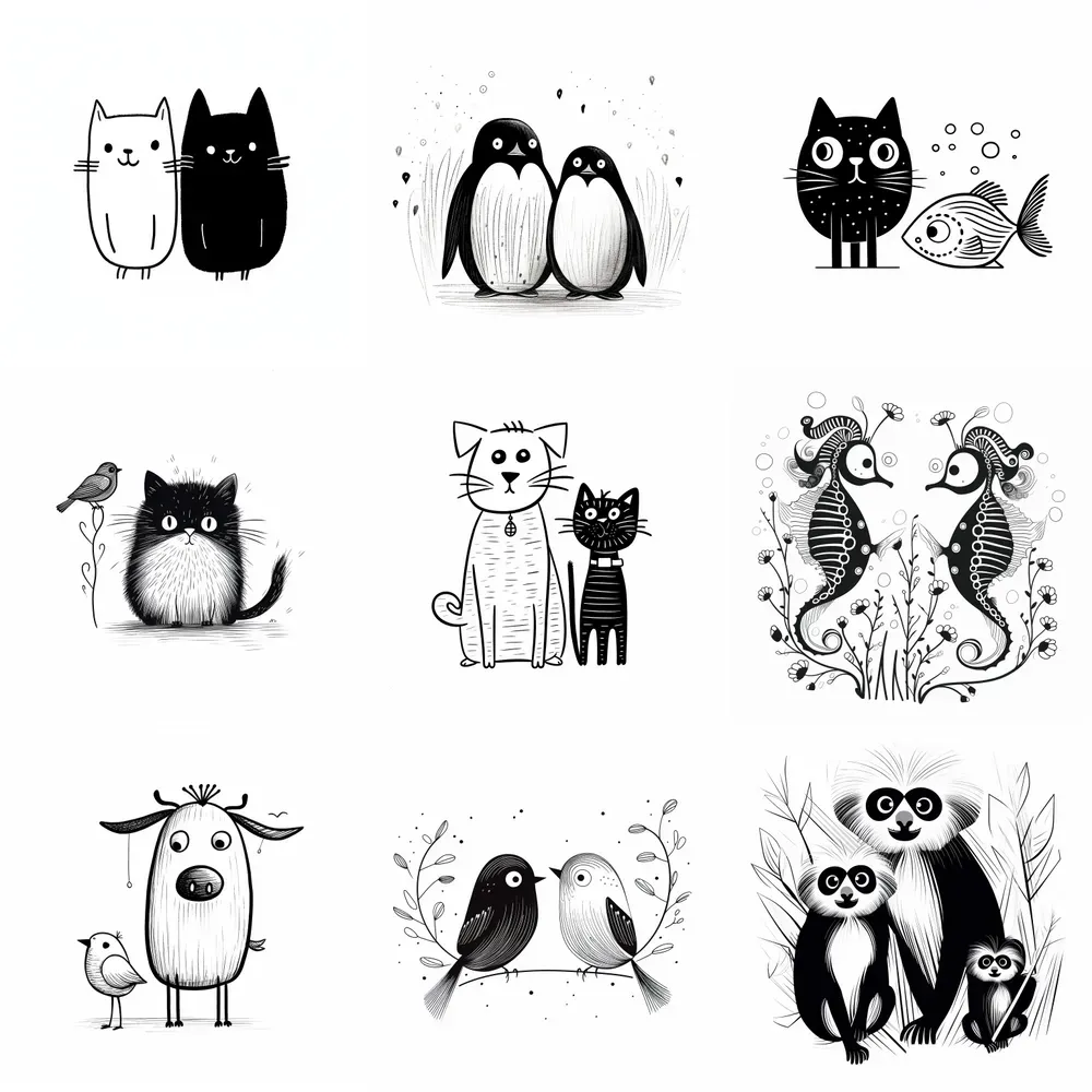 Cute Doodle Couple Animal Line Art Midjourney Prompt | PromptBase