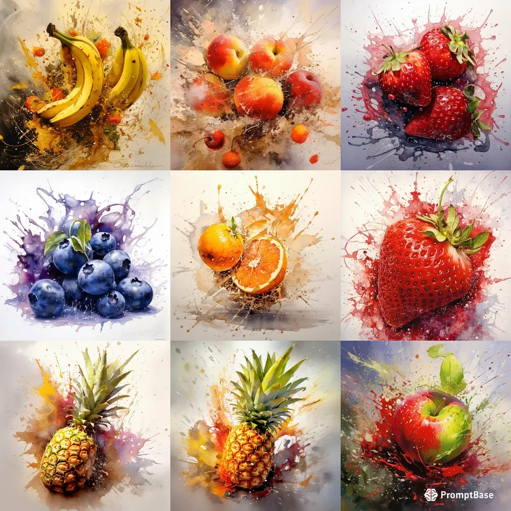 Dynamic Watercolor Journey Fruits Series Midjourney Prompt | PromptBase