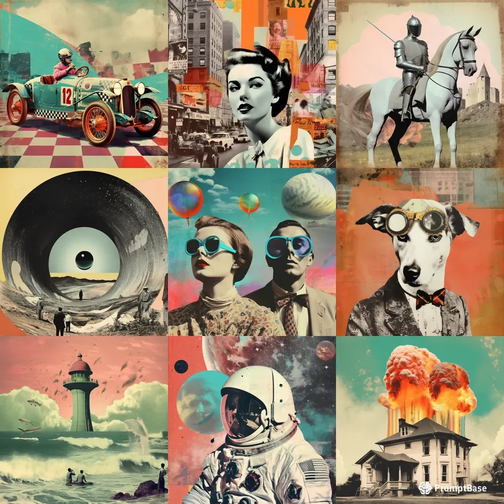 Surreal Retro Mixed Media Collages Midjourney Prompt | PromptBase