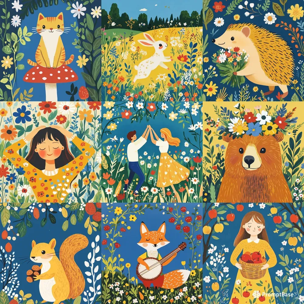 Whimsical Folk Art Illustrations Midjourney Prompt | PromptBase