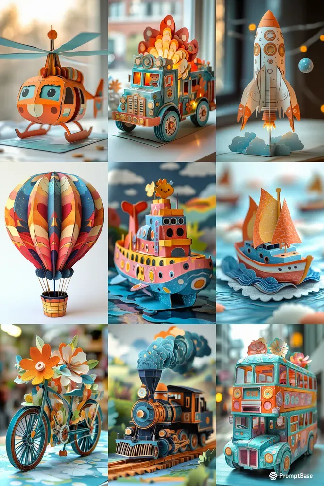 Adorable Paper Vehicle Popup Cards Midjourney Prompt | PromptBase