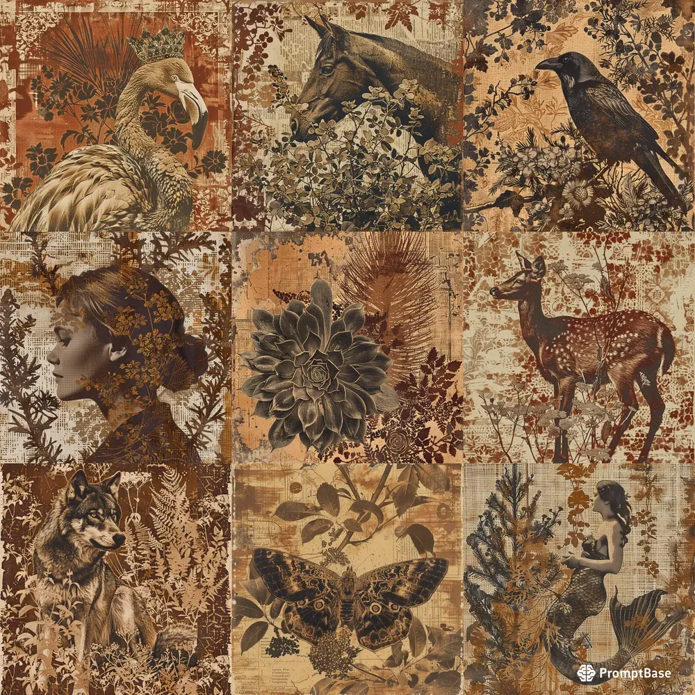 Vintage Nature Collage Art Midjourney Prompt | PromptBase