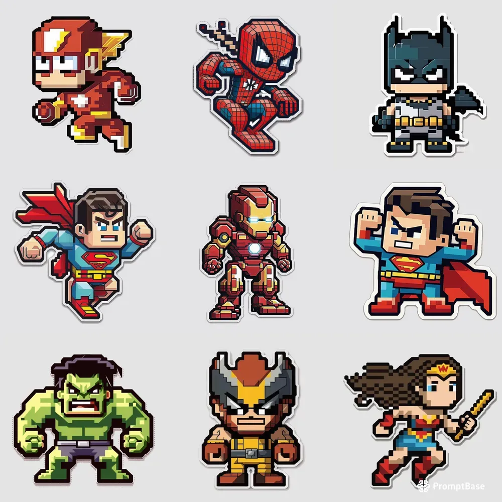 8-bit Pixel Superhero Stickers Midjourney Prompt | PromptBase