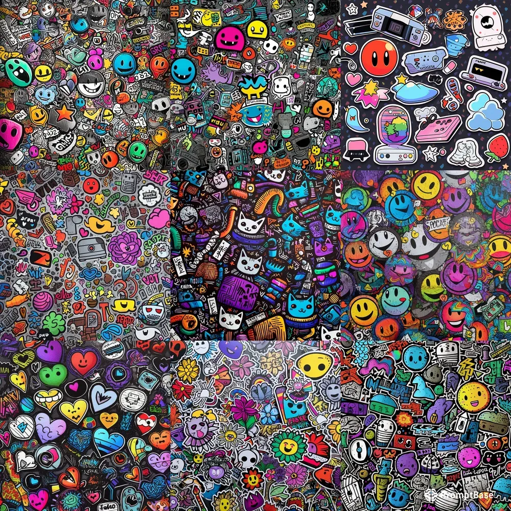 90s Whimsical Sticker Collage Backgrounds Midjourney Prompt | PromptBase