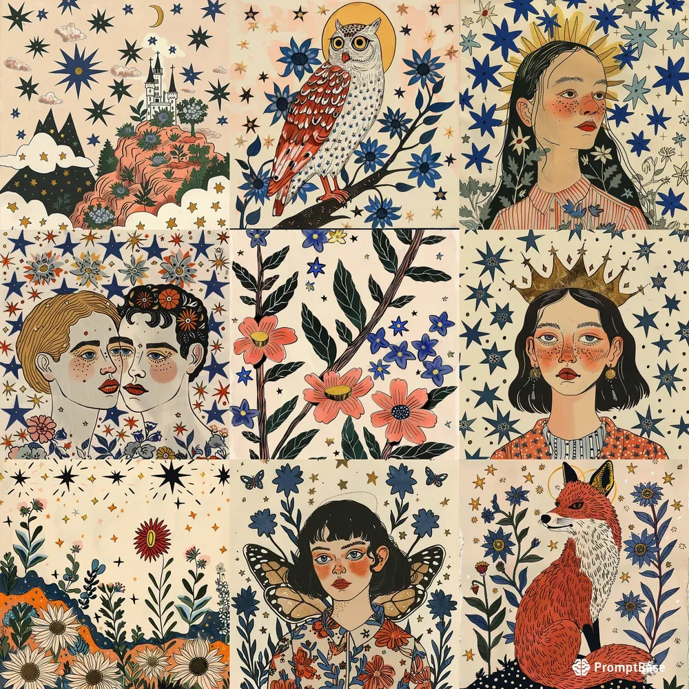 Celestial Folk Art Stars Midjourney Prompt | PromptBase